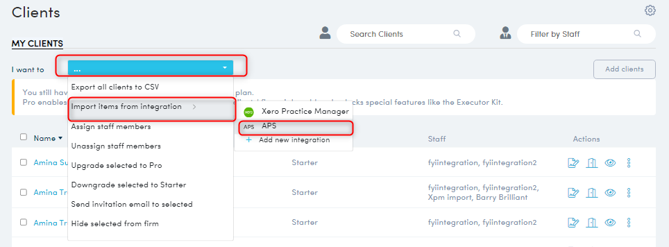 How do I import a client's details and relationships from APS to the ...